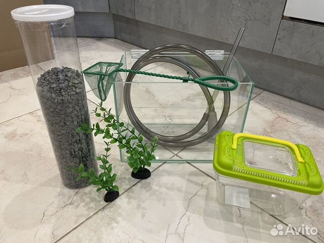 Аквариум, камешки, сачок, зелень, переноска